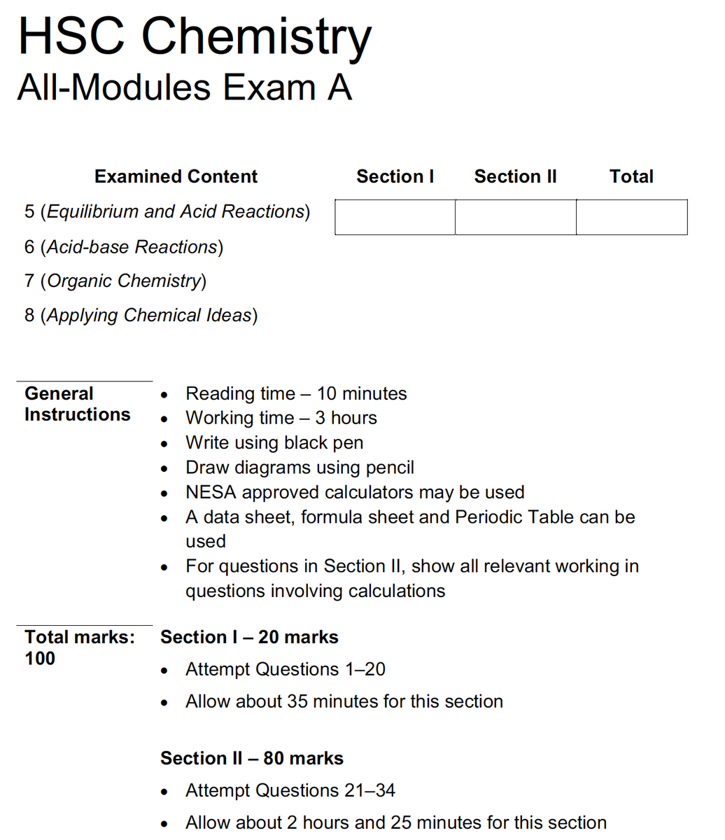 HSC Chemistry All-Module Practice Exam A | Science Ready
