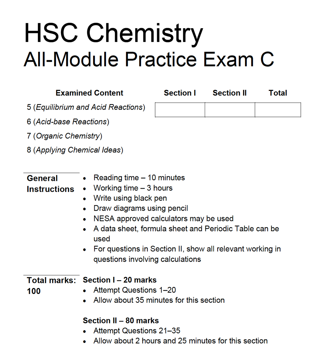 HSC Chemistry All-Module Practice Exam C – Science Ready