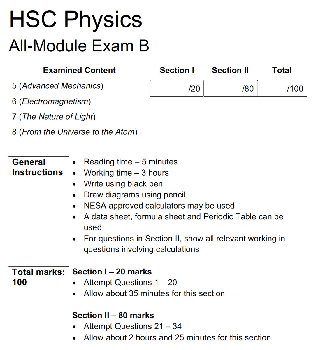 HSC Physics All-Module Practice Exam B | Science Ready